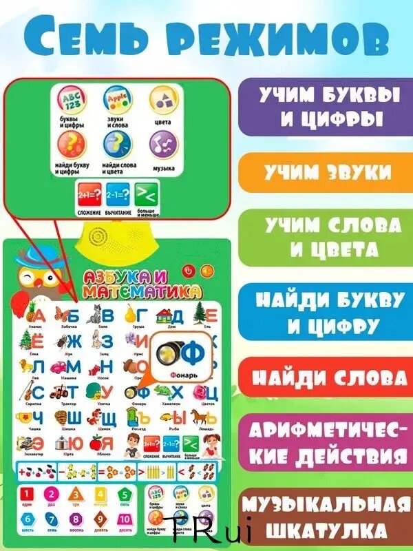 Говорящая азбука для детей и раздел математика / Алфавит плакат / Электронный букварь со звуком