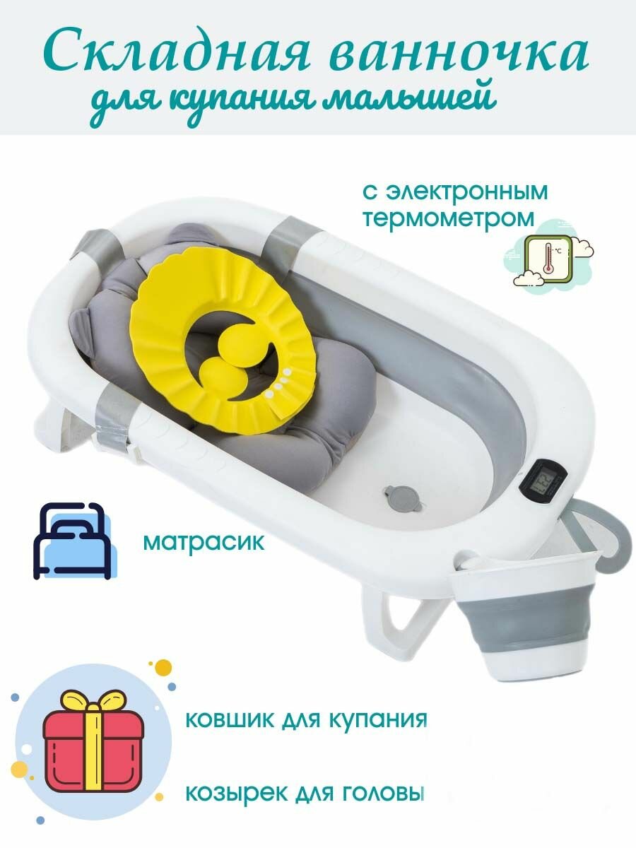Ванночка для купания новорожденных складная с термометром