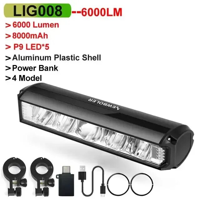 NEWBOLER Велофонарь 6000LM, 8000mAh, P9 LED*5