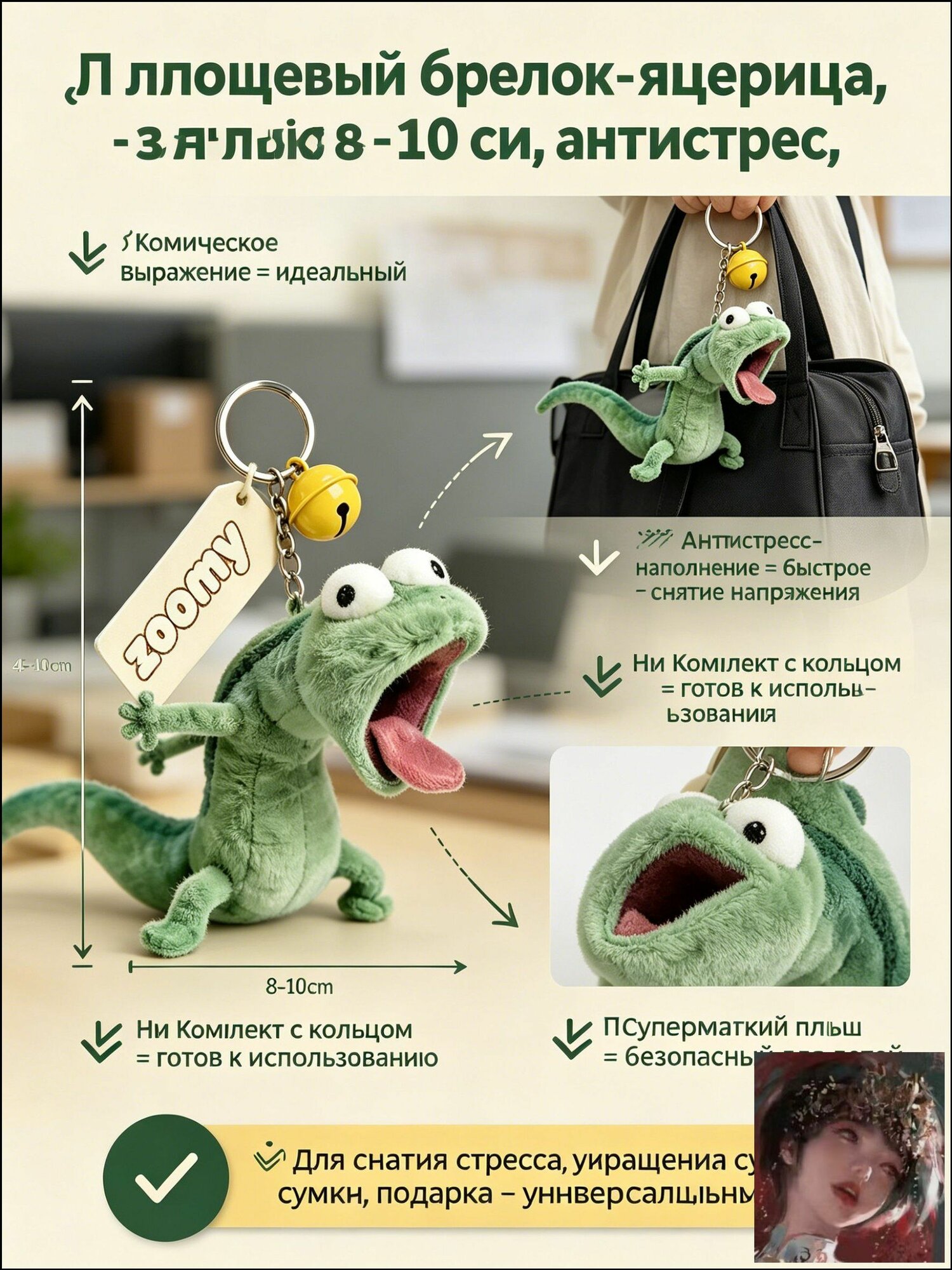 Плюшевый брелок-ящерица, мятно-зелёный, 8-10 см, антистресс - комическое выражение, супермягкий плюш, с колокольчиком - для снятия стресса,