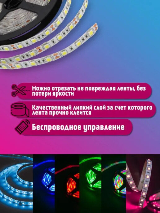 Светодиодная многоцветная RGB LED лента с пультом 1м 5050 SMD с USB, света диодная РГБ ЛЕД подсветка