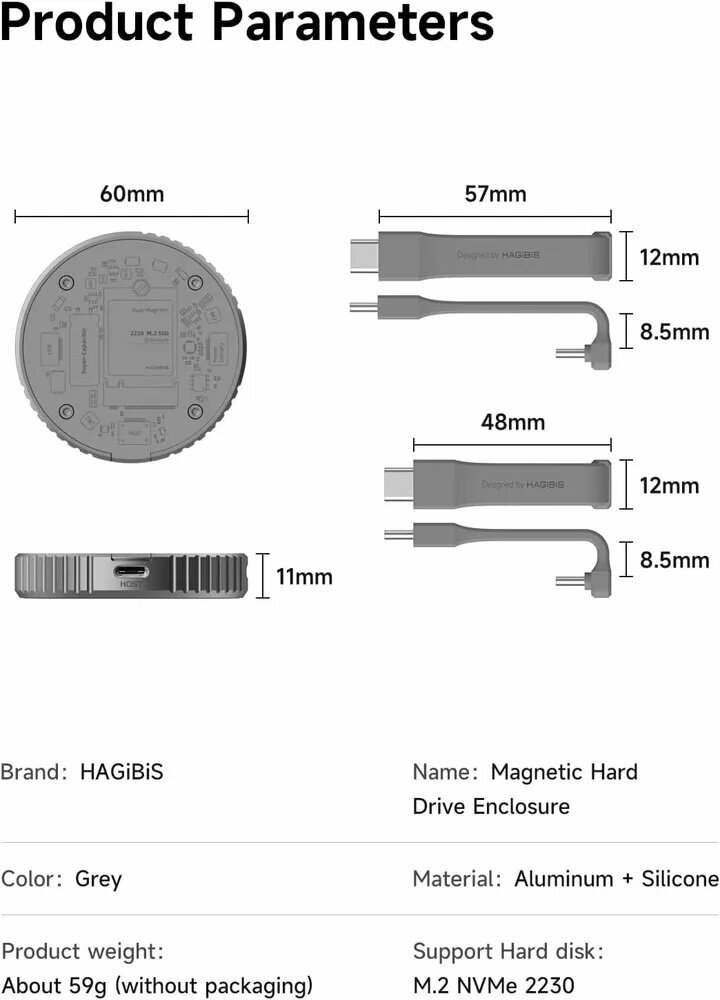 Корпус Hagibis Magnetic M.2 2230 NVMe SSD с магнитным разъемом Magsafe, совместимый с iPhone 17/16/15 Pro Max ProRes, быстрая зарядка PD 100 Вт, внешний корпус для SSD (MC100 Pro)