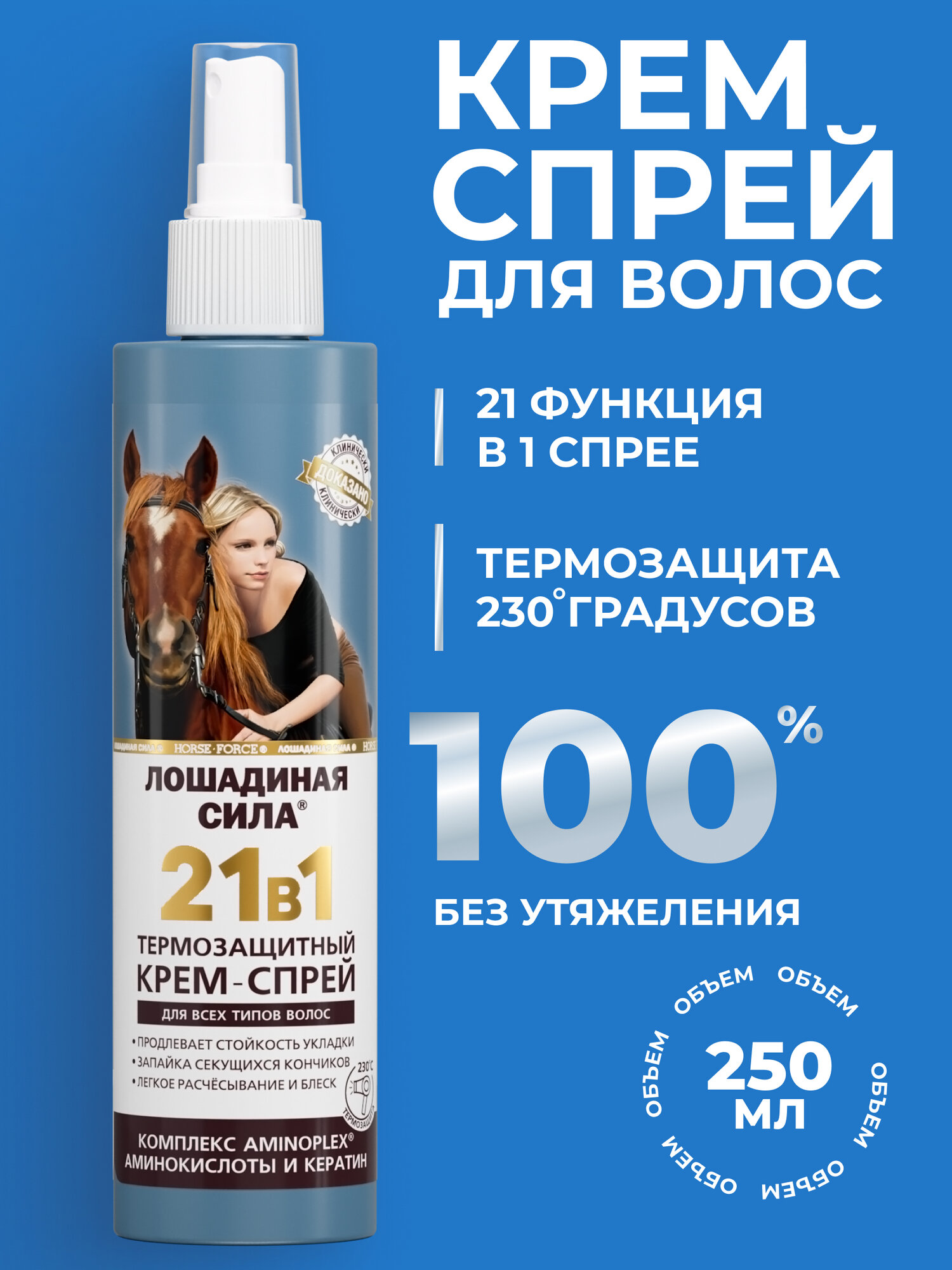 Спрей для волос Лошадиная сила "21 в 1", с термозащитой, для любого типа волос, 250 мл