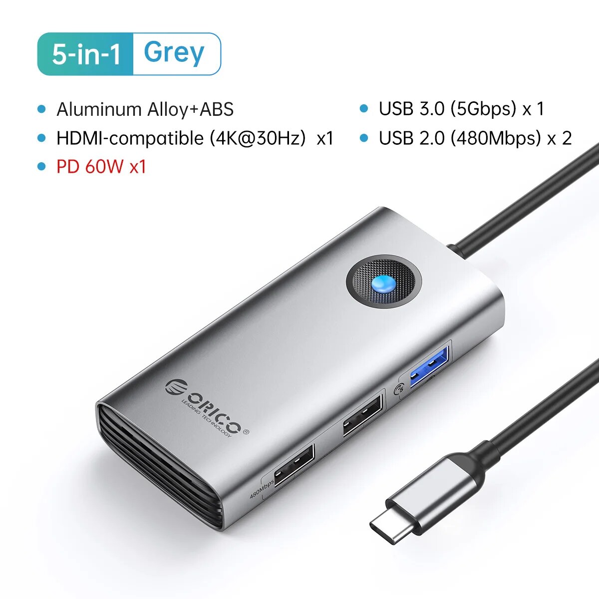 ORICO 5-в-1 USB-C док-станция, Grey, 4K@30Hz, PD 60W