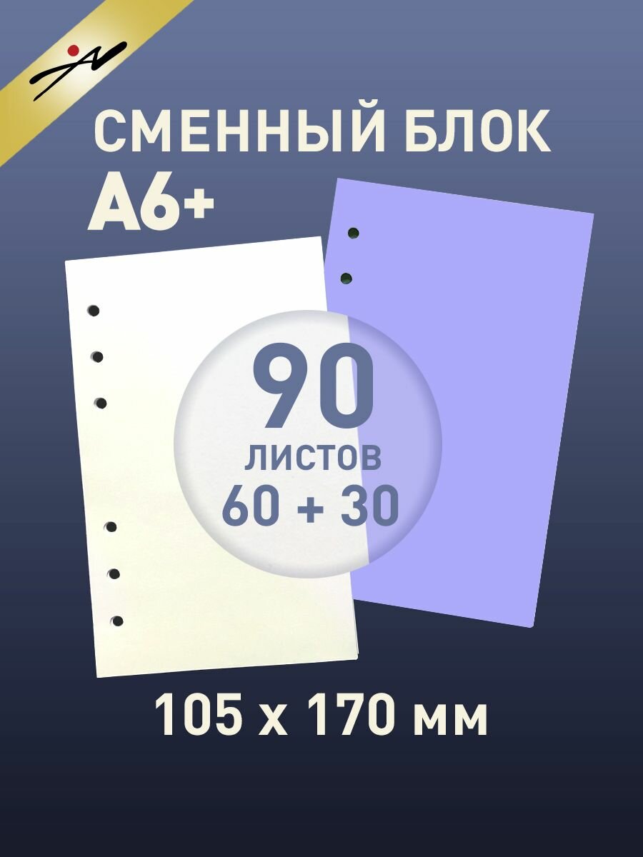 Сменный блок А6 на 6 колец белый/лавандовый 90 листов (60+30) от Nauru Art