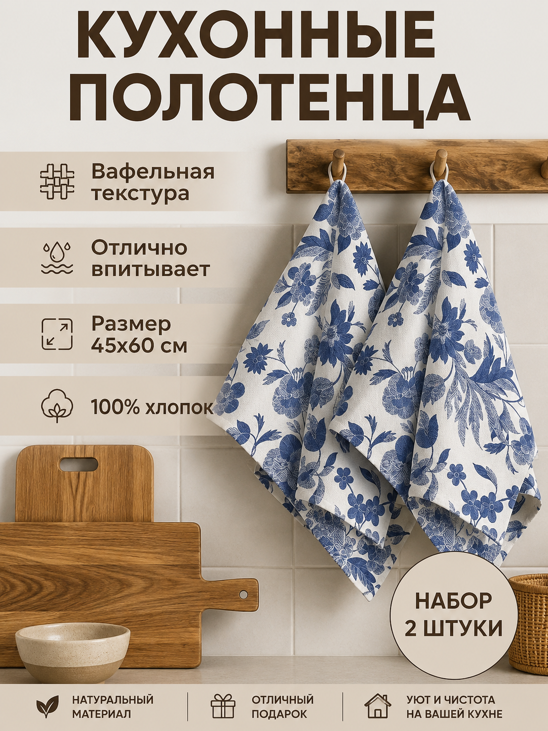 Полотенце VSE DOMA, кухонное, вафельное, 45 см х 60 см, цветочный принт, Елена Прекрасная