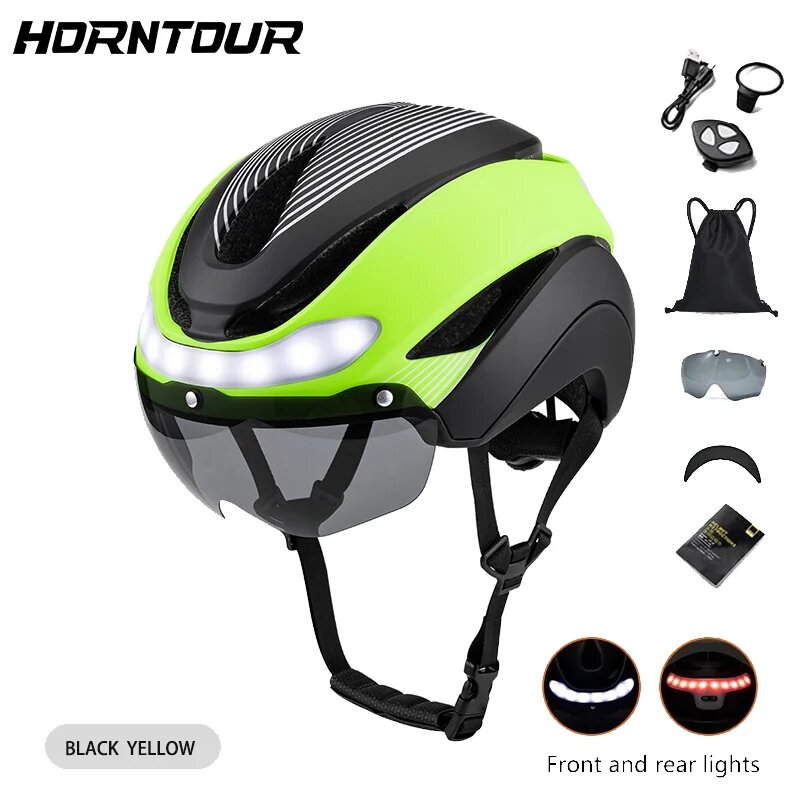 Horntour шоссейный велосипедный шлем с подсветкой Зеленый, Black yellow