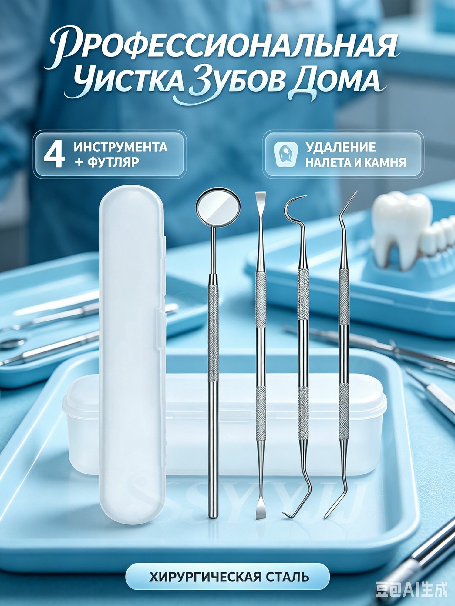 Набор стоматологических инструментов для чистки зубов, 4 шт в футляре-уход за полостью рта, скайлер от зубного камня, налета и кариеса.