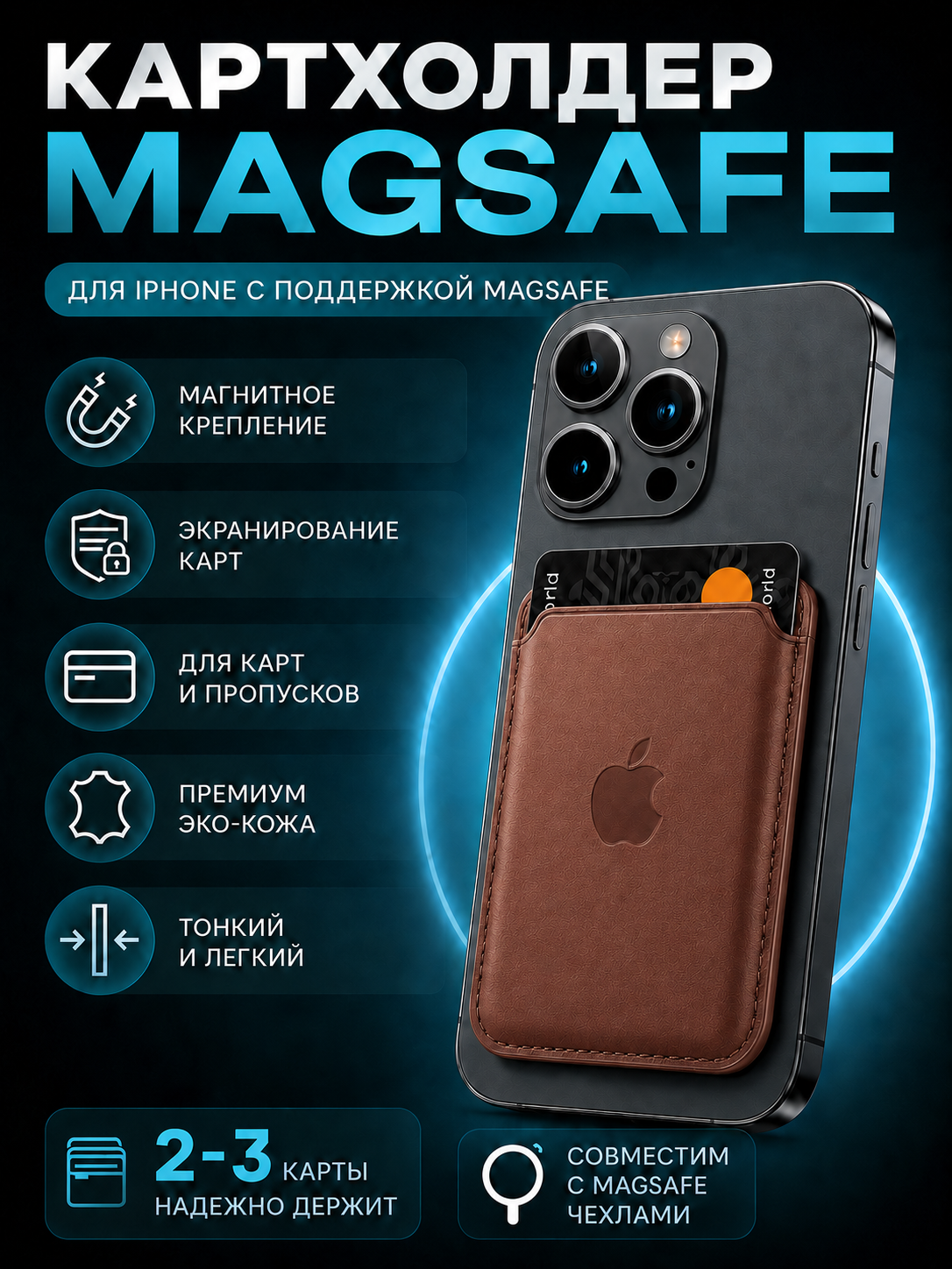 Картхолдер Magsafe Wallet для iPhone для хранения пластиковых карт, коричневый