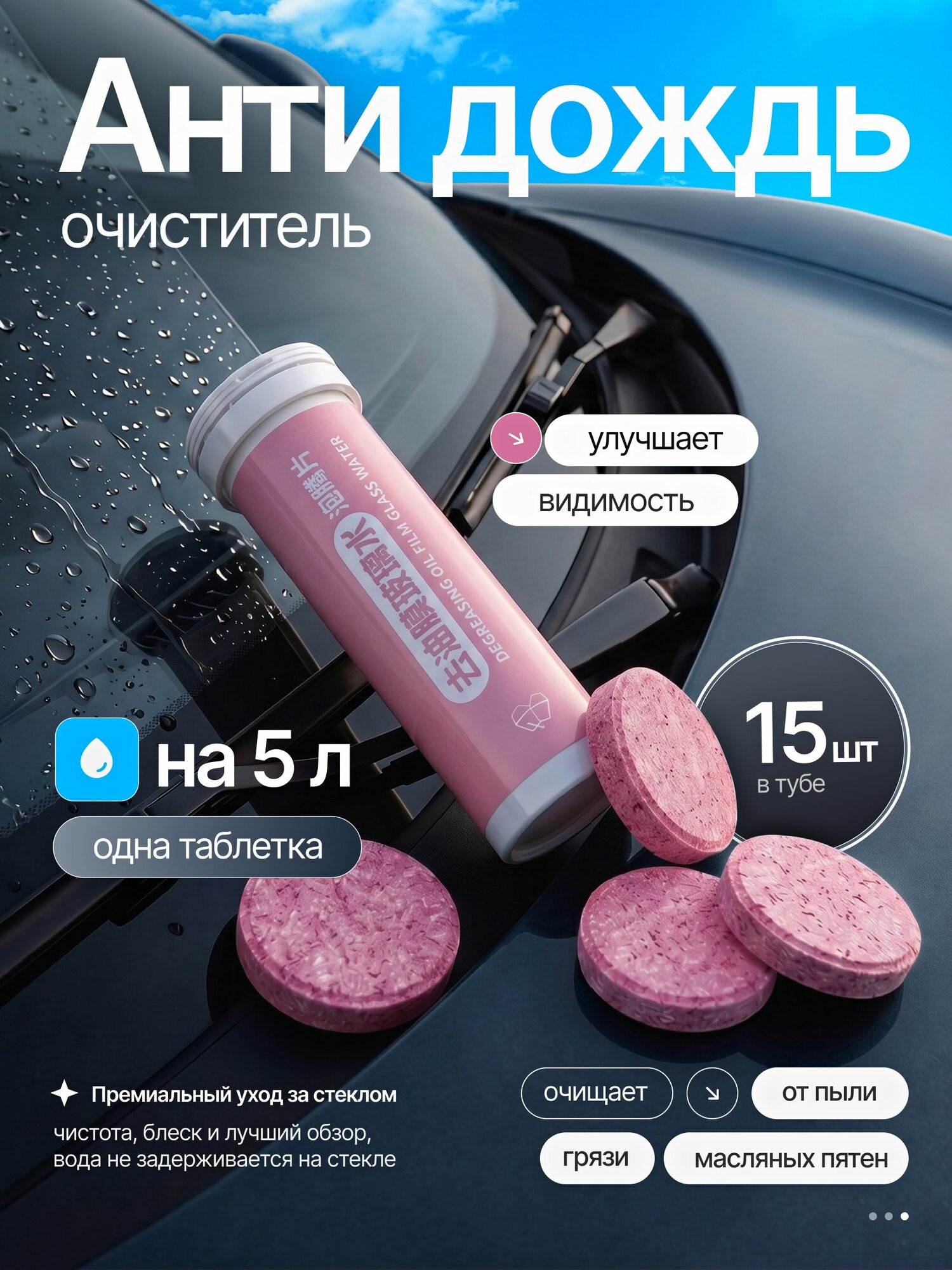 Стеклоомыватель, антидождь, защитное омывающее средство в таблетках для автомобильного стекла