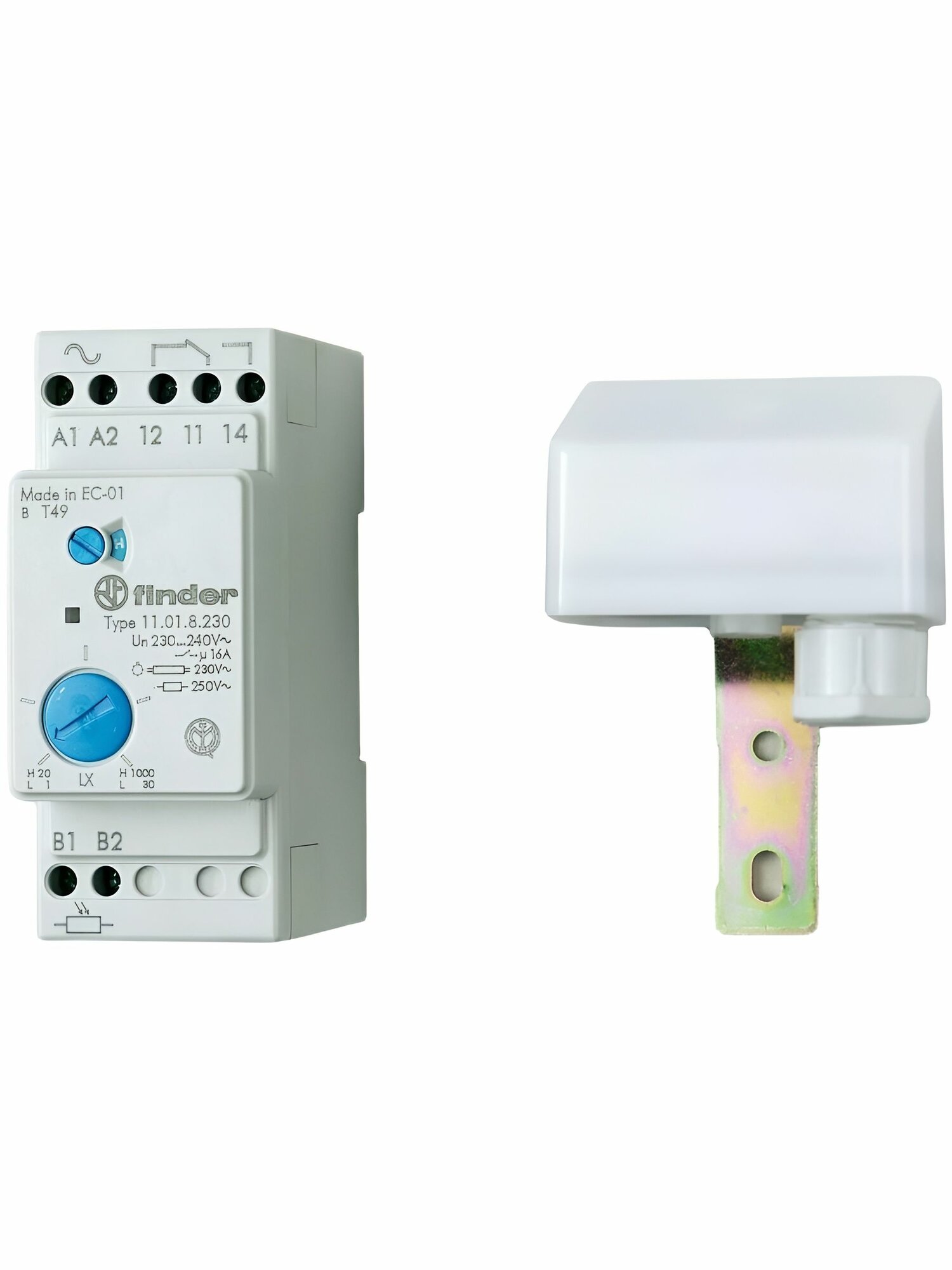 11.01.8.230.0000 Finder, Фотореле модульное: Uпит. 230V AC, контакт 1CO 16A, IP54 (фотореле IP20), фотоэлемент в комплекте.