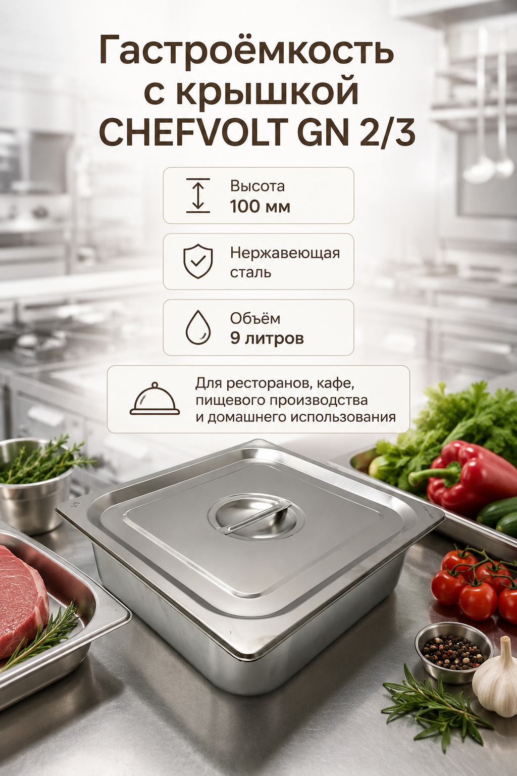 Гастроемкость GN 2/3-100 мм с крышкой, нерж. сталь CHEFVOLT