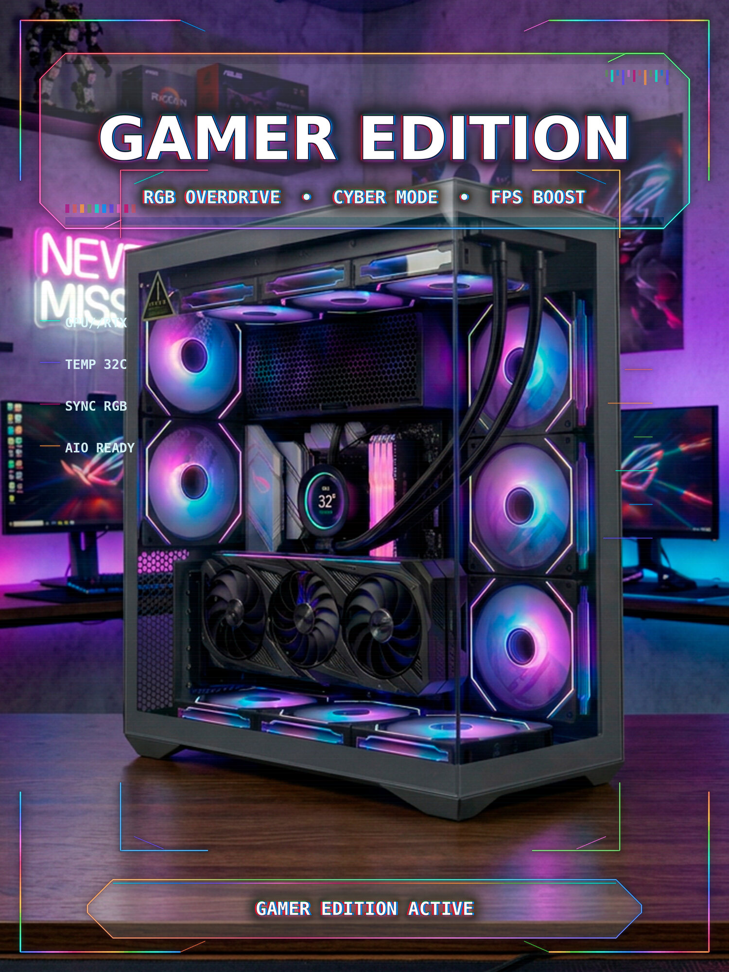 Игровой корпус для ПК EATX Eurocase 4801 BL, с вентиляторами 5x140мм ARGB, аквариум панорамный, 450мм видеокарта, чёрный