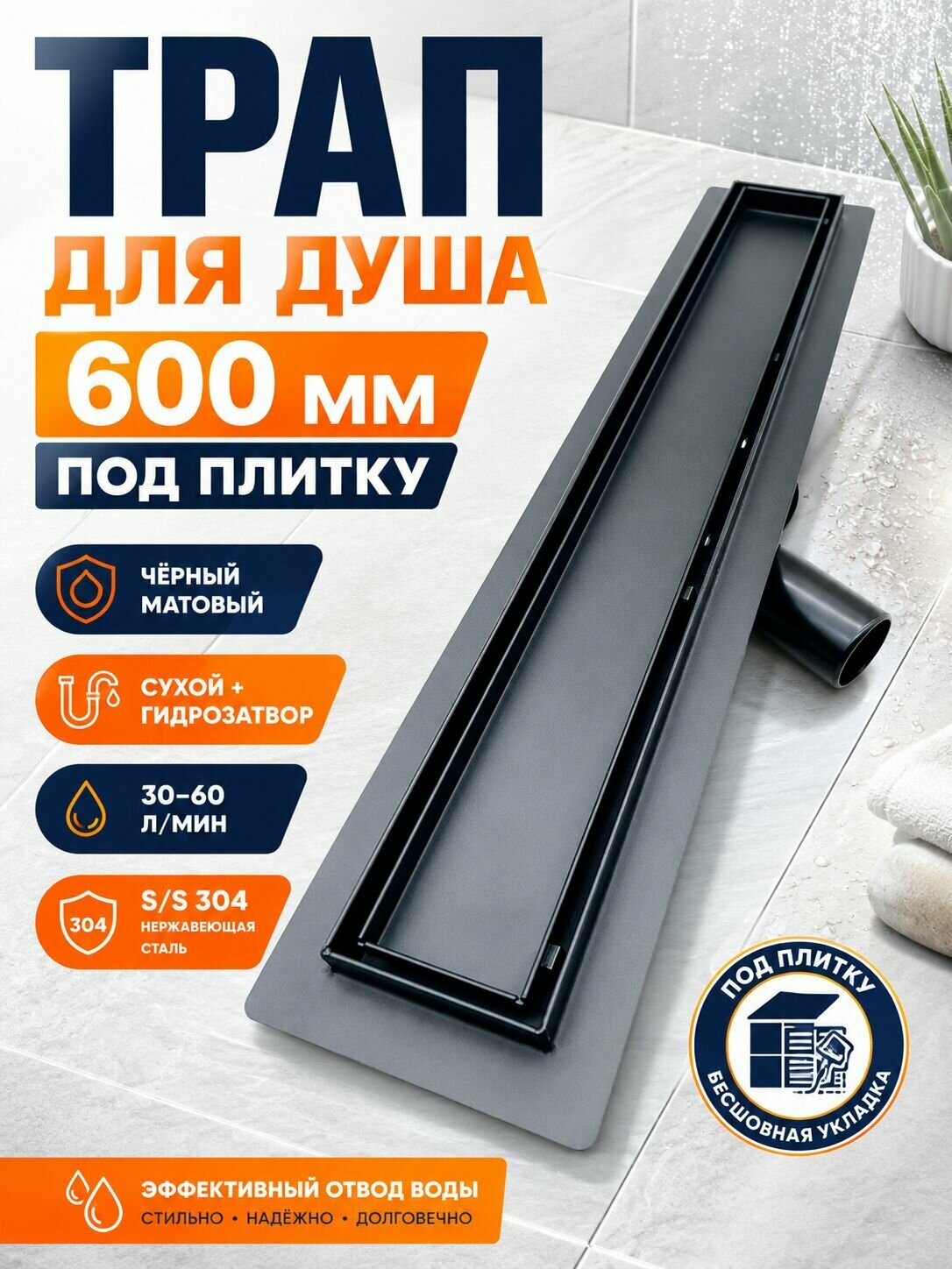 Трап для душа под плитку 600 мм, душевой лоток 60 см черный матовый с поворотным сифоном 360