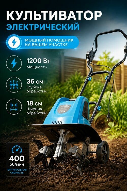 Культиватор проводной садовый бесщеточный мощный /фреза 250мм, глубина 20см