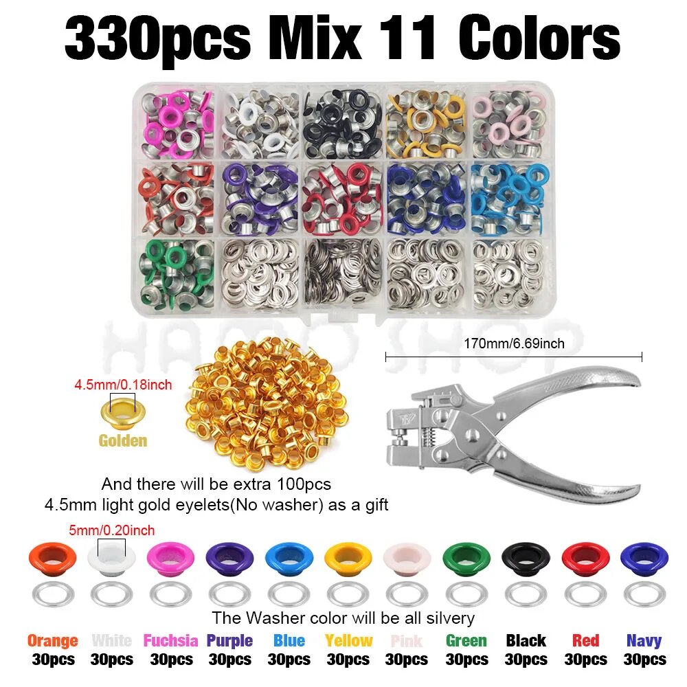 Набор металлических люверсов 5мм (100/330 шт.) 330pcs Mix 11 Colors