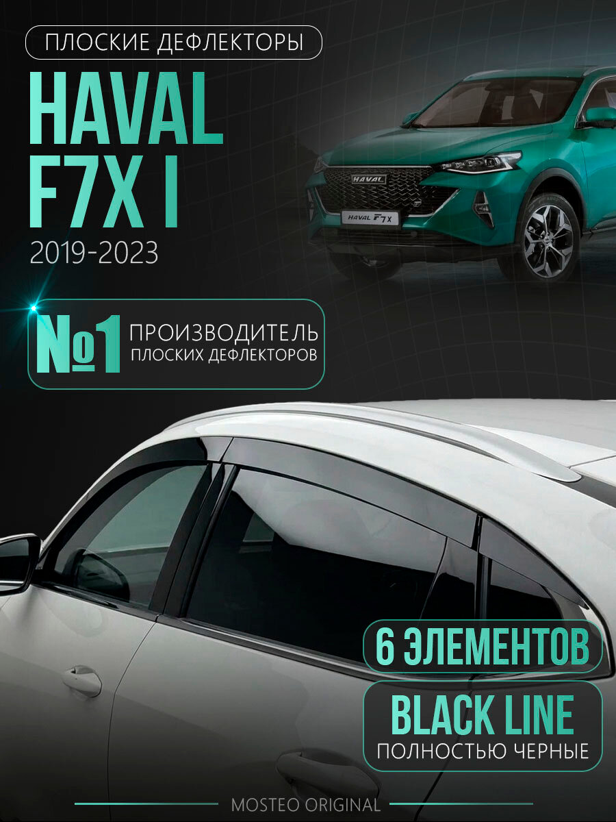 Дефлекторы плоские на Haval F7x 1 поколение (Хавал Ф7х) 2019-2025, 2D ветровики, черные