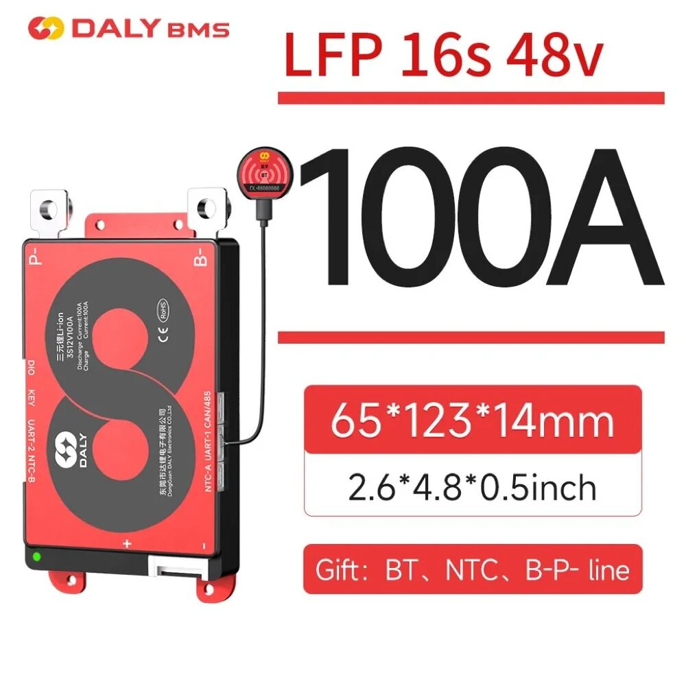 DALY SMART BMS 100A Lifepo4 16S 48V Поддержка непрерывного тока 100A с Bluetooth и функцией балансировки UART/ RS485/CAN