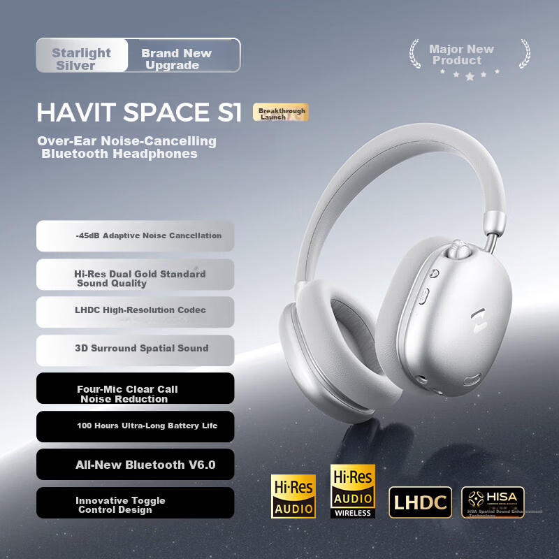 Havit Over-Ear Bluetooth наушники с адаптивным шумоподавлением 45 дБ для игр с низкой задержкой и длительным сроком