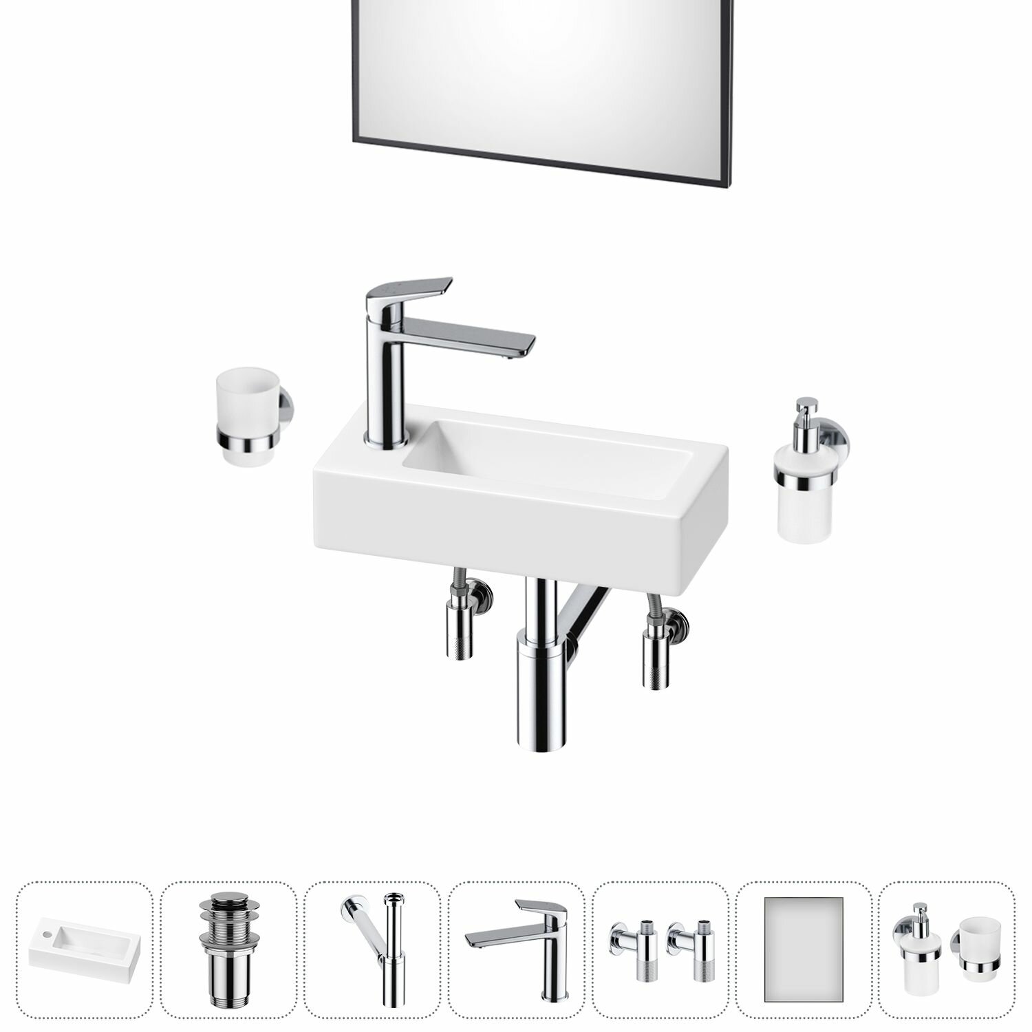 Узкая раковина в туалет подвесная Lavinia Boho Sink 20219531R в наборе 7 в 1: маленькая раковина 37 см (белый глянец), донный клапан, сифон, смеситель, вентили 2 шт, зеркало, аксессуары (хром)
