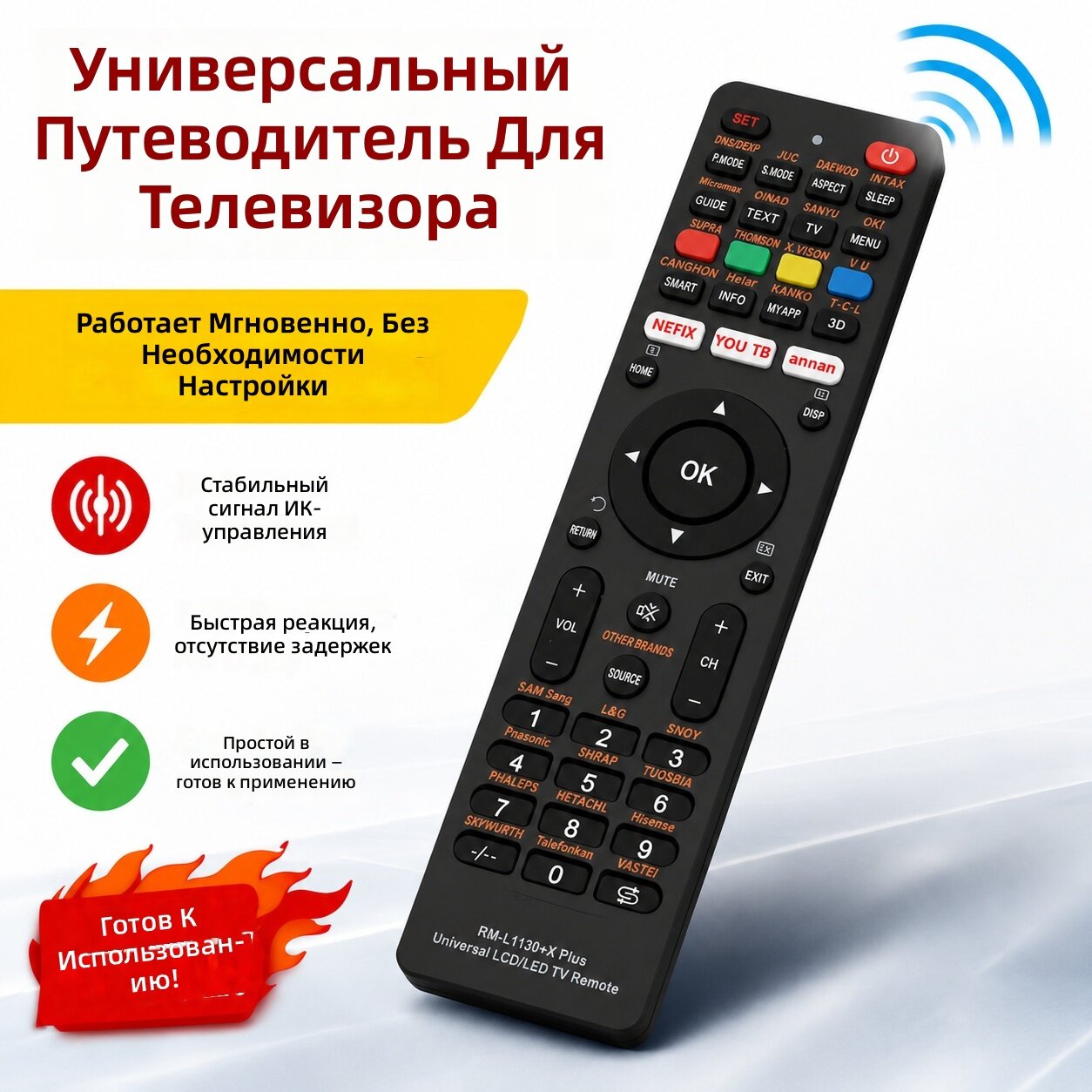 Универсальный пульт ДУ для телевизора, совместимый с Smart TV, медиаплеерами, саундбарами и DVD/Blu-Ray плеерами, модель RM-L1130+ plus, 2 шт.