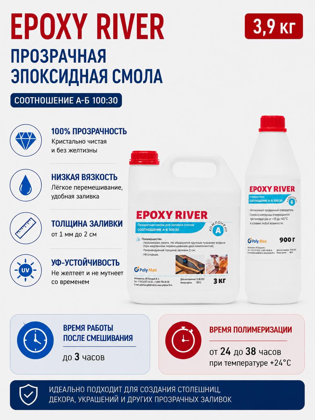 Низковязкая прозрачная эпоксидная смола Epoxy River (3,9 кг)