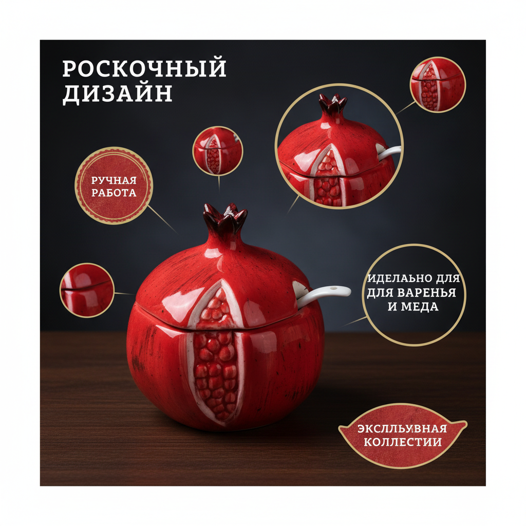 Сахарница керамическая в виде граната с ложкой, красная, диаметр 9 см, 1 шт