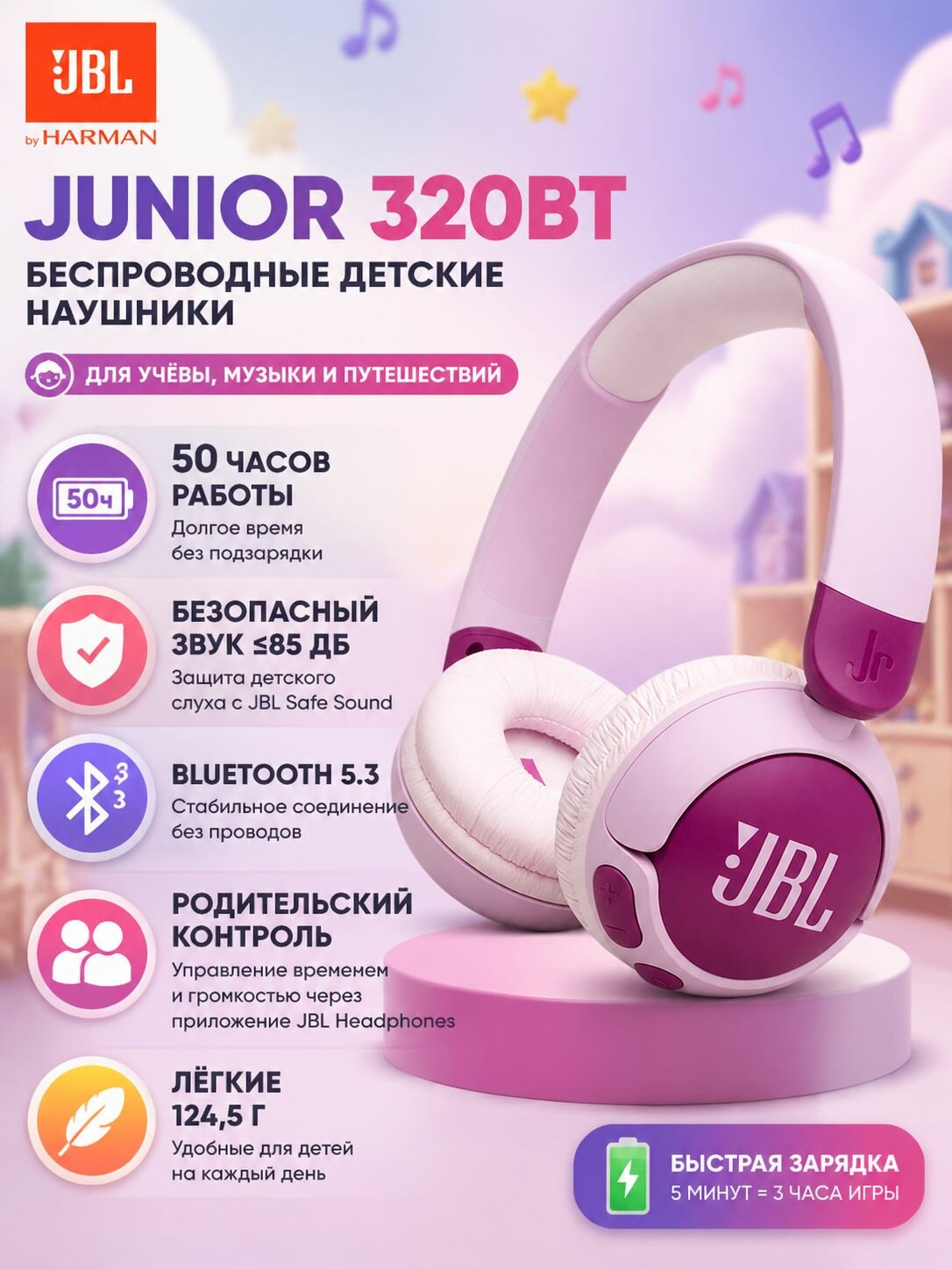 Беспроводная детская Bluetooth-гарнитура JBL JR320BT розового цвета