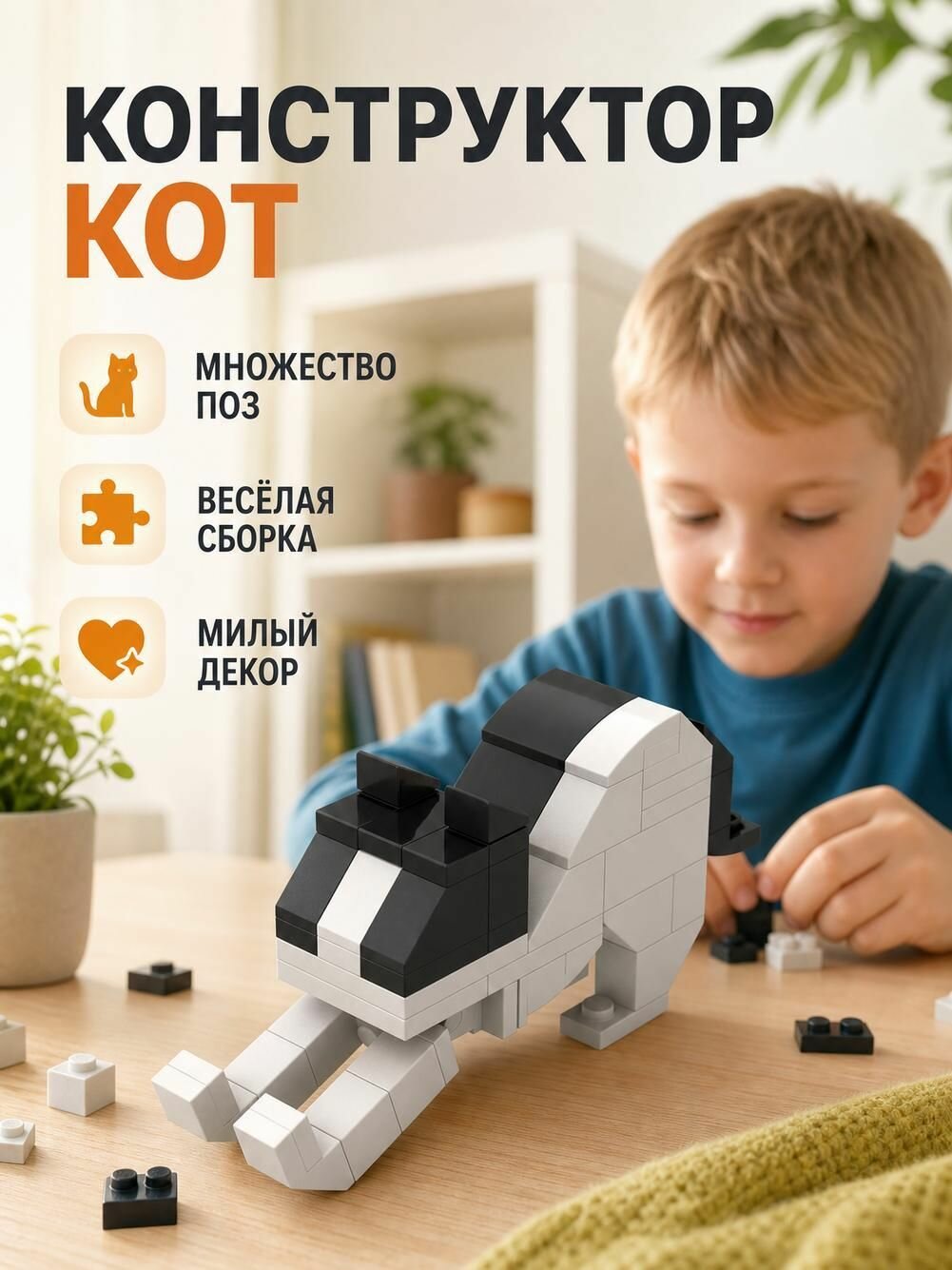 3д конструктор из миниблоков "кот" , Интересный стиль, Развивающие игрушки для детей
