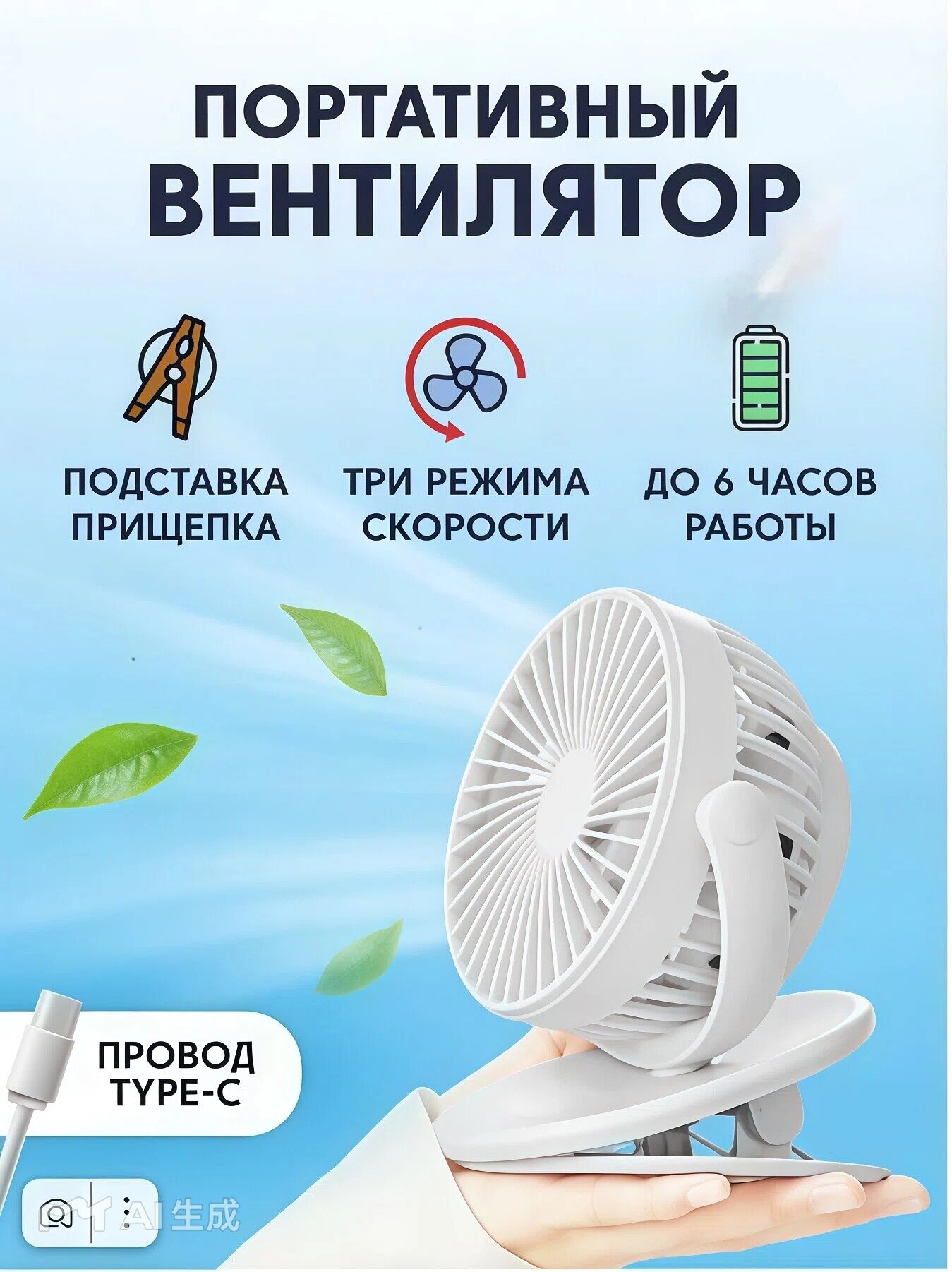 Портативный вентилятор, с 5 режимами, ручной, мини, с подставкой, зеленый