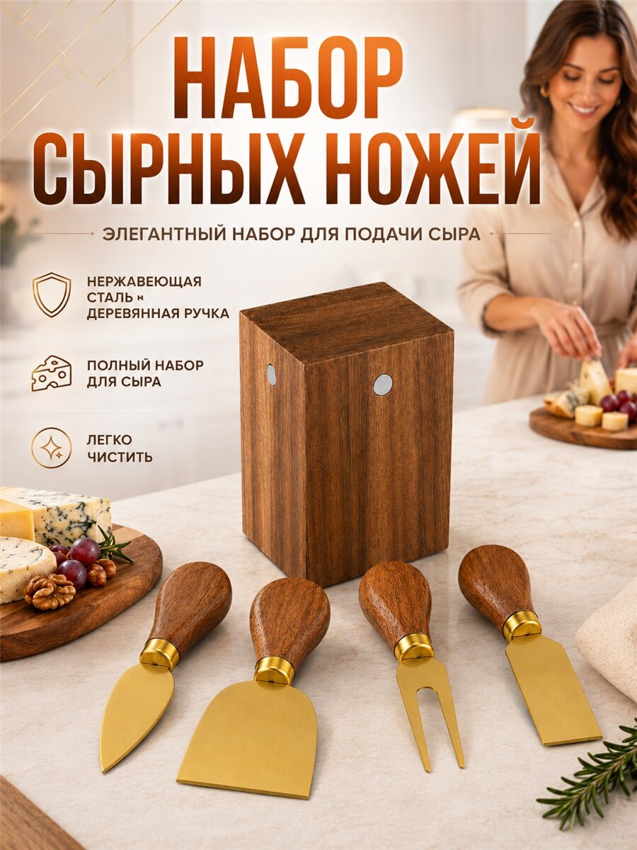Набор сырных ножей из нержавейки с деревянной подставкой для хранения, удобные деревянные рукоятки, практичный комплект для подачи сыра на праздничные застолья