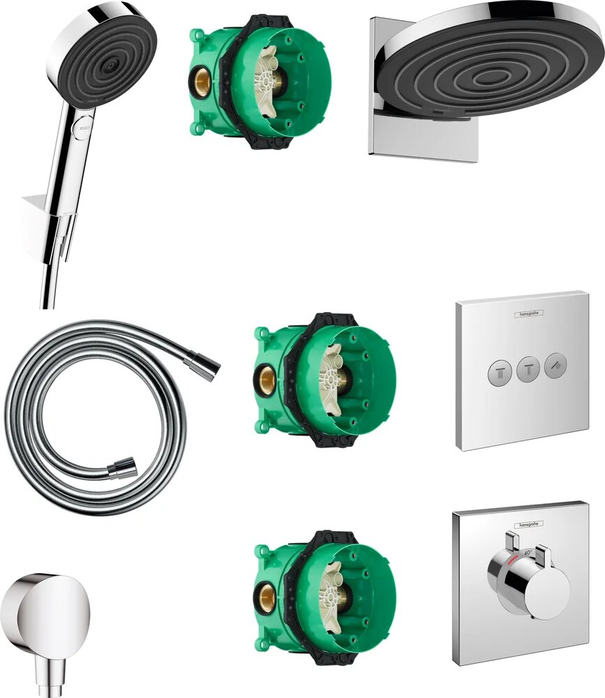 Душевой комплект Hansgrohe Pulsify 8 в 1, встраиваемый, с внутренней частью в комплекте, с тропическим душем, хром, глянцевый, душевая система