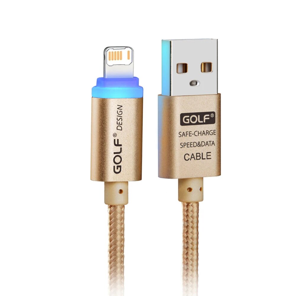 Плетеный USB-кабель из сплава с LED-подсветкой для iPhone 11, 12, 13 mini, 14 Pro Max, X, XR, Gold
