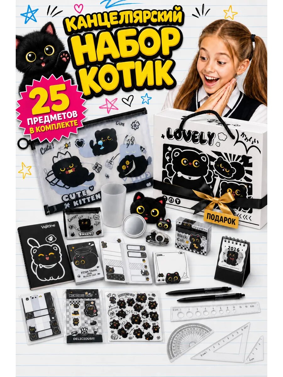 Подарочный набор для школы, Котик 25 предметов, для школьника