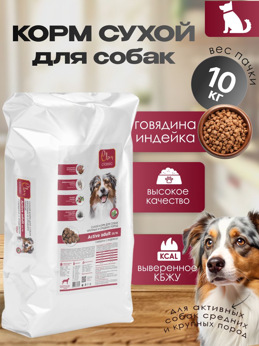 CLAN CLASSIC Active 25/16 cухой корм для активных собак средних и крупных пород c говядиной и индейкой