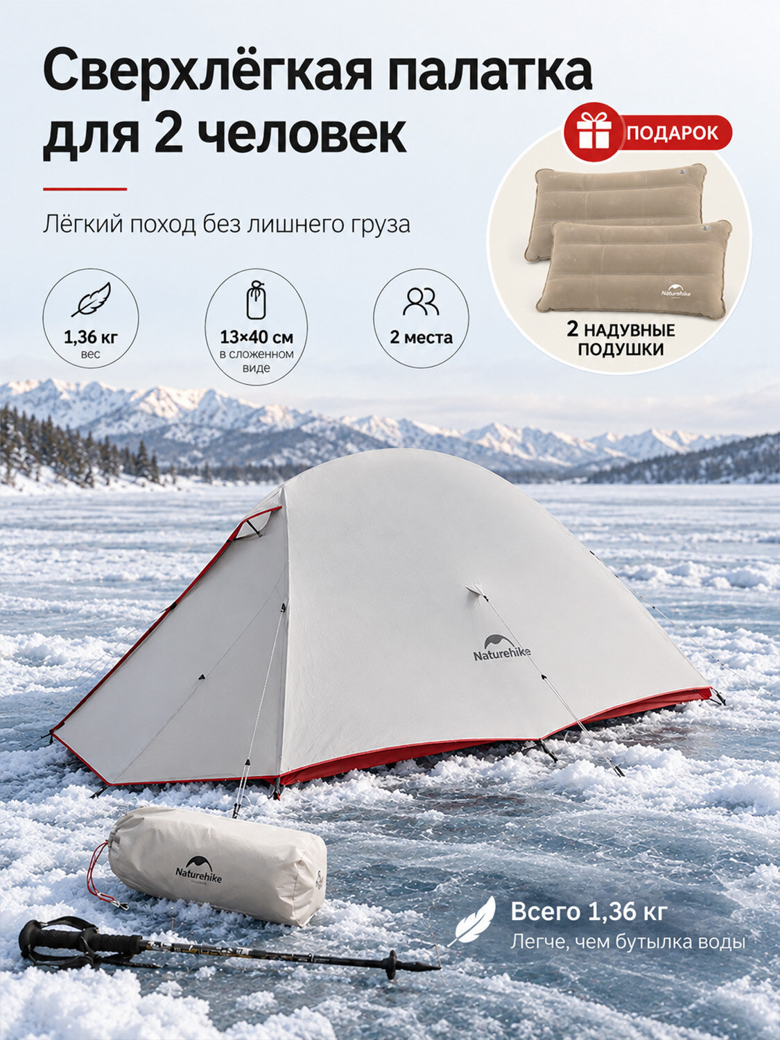 Лёгкая треккинговая палатка Naturehike, 2-местная, 1 360 г, 20D нейлон, 3 режима, алюминиевый каркас