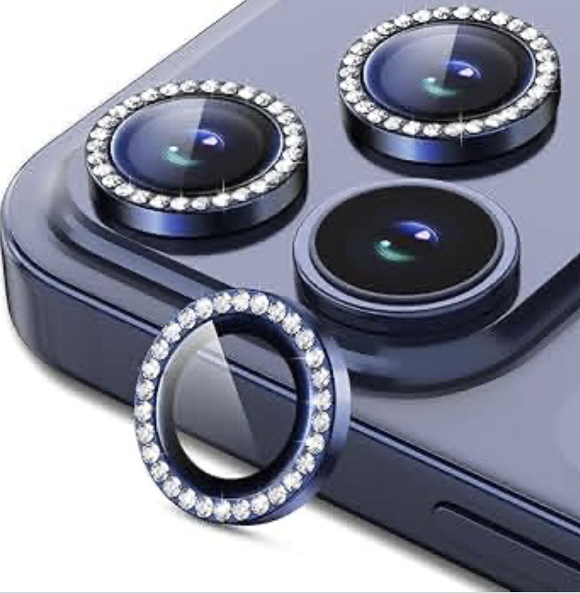 Линзы (стекла) для защиты камеры iPhone 17 Pro / Pro Max Cиний со стразами (комплект 3 шт)