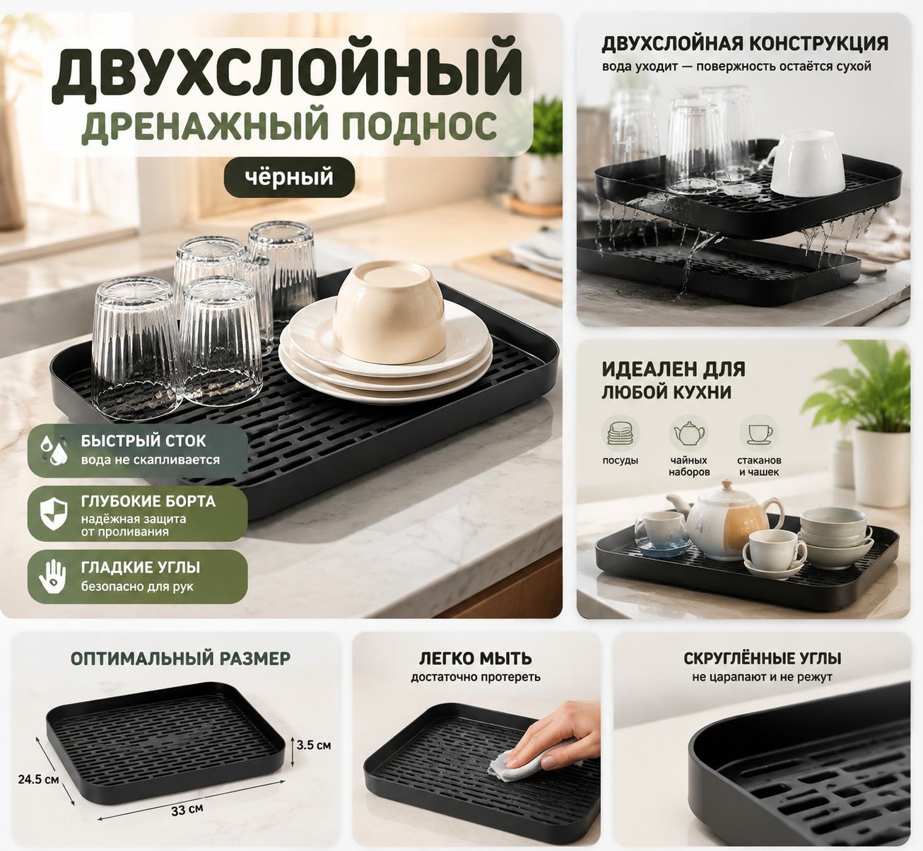 Поддон для сушилки посуды 24.5 см x 33 см х 3.5 см 1 шт abs пластик черный