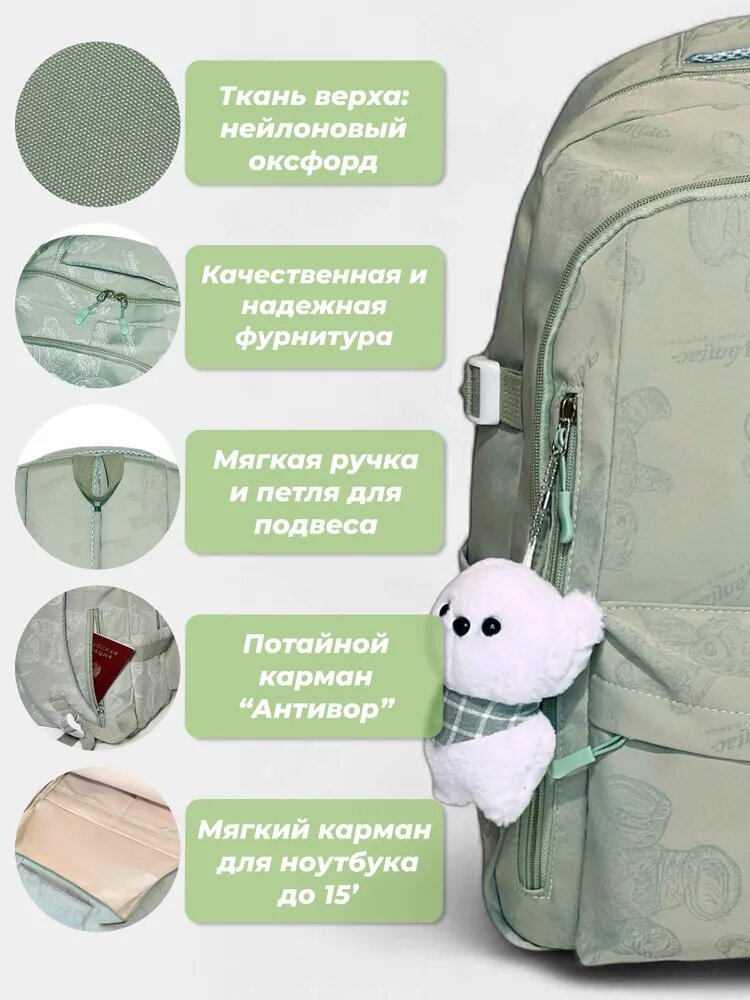 Рюкзак женский светоотражающий нейлон, шалфейный, 28 л, с отделением для ноутбука и планшетом, подвеска — фото 1