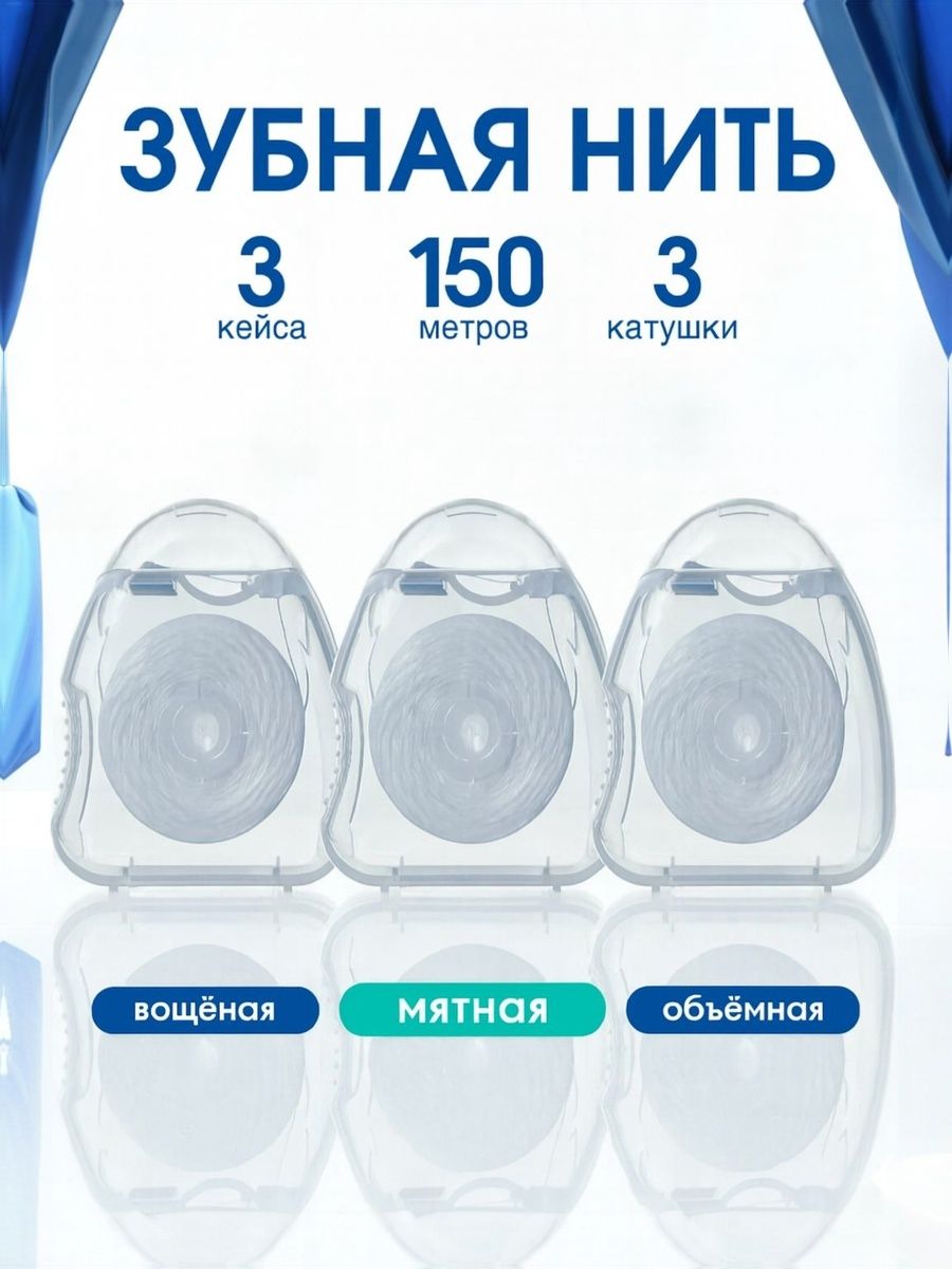 Зубная нить: 3 кейса с нитью 150 метров, вощеная, вкус мята