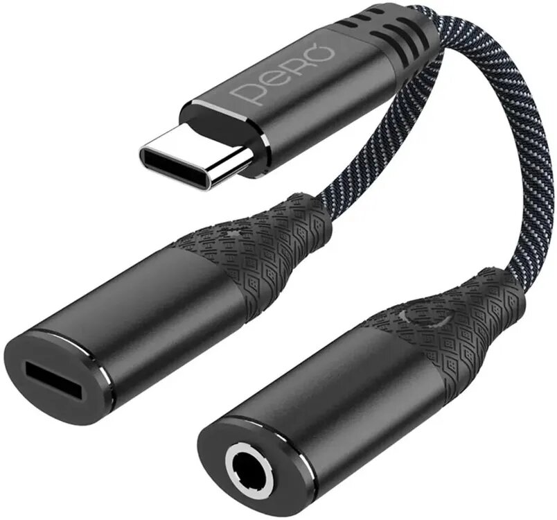 Переходник PERO AD11, USB Type-C (m) - USB Type-C (f)/Jack 3.5 (f), 0.1м, черный