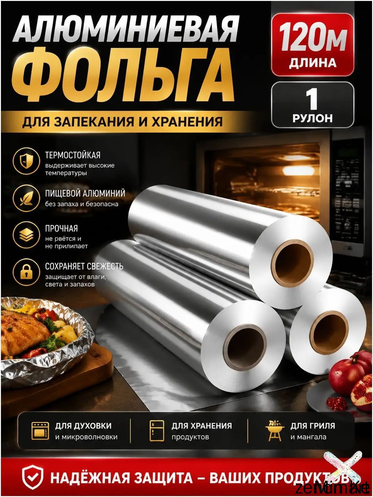 Фольга пищевая 120 м х 29 см, 20 мкм, 1 шт
