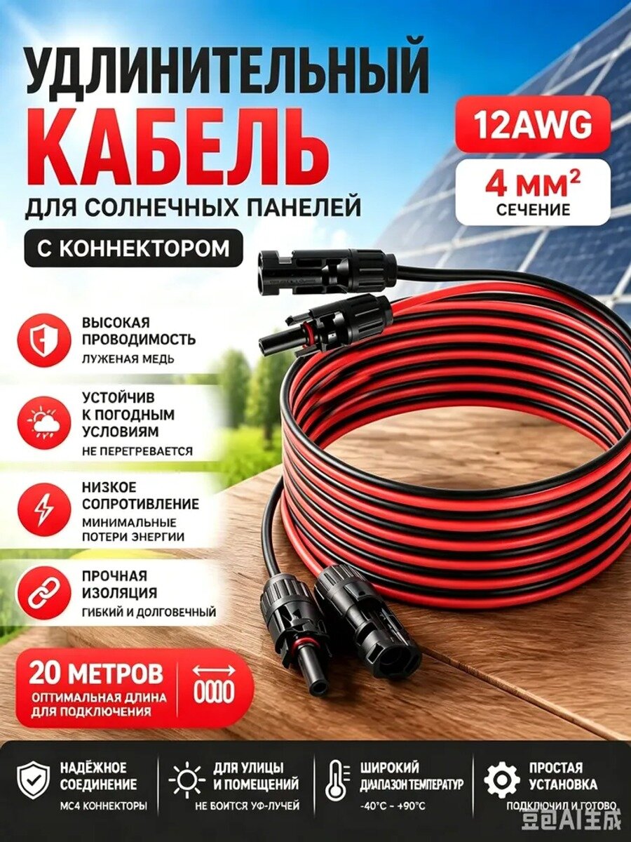 Удлинительный кабель для солнечных панелей 20 м, 12AWG, с коннекторами MC4