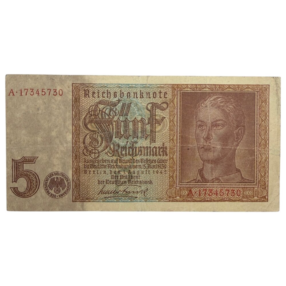 Третий Рейх (Германия) 5 рейхсмарок (марок) 1942 г. (ВЗ - Обычный) (Серия A) (8-значный номер)