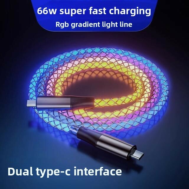 Кабель данных с градиентом rgb 66w супербыстрая зарядка прозрачный материал для мобильных устройств 1м pd dual typec