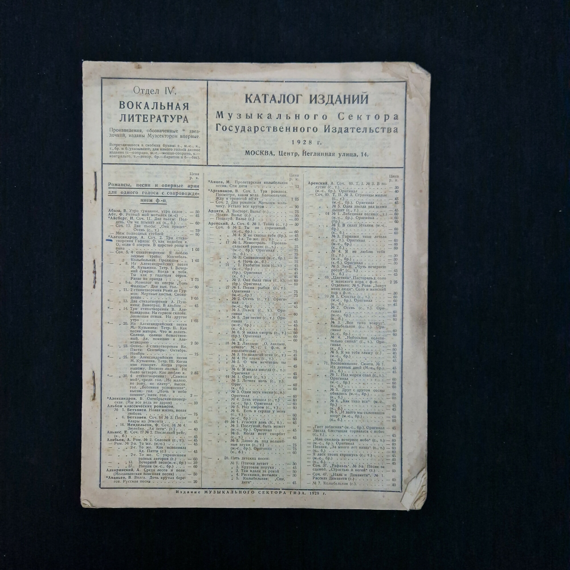 Каталог нотных изданий винтажный, СССР. Музыкальный сектор Госиздата, 1928 год