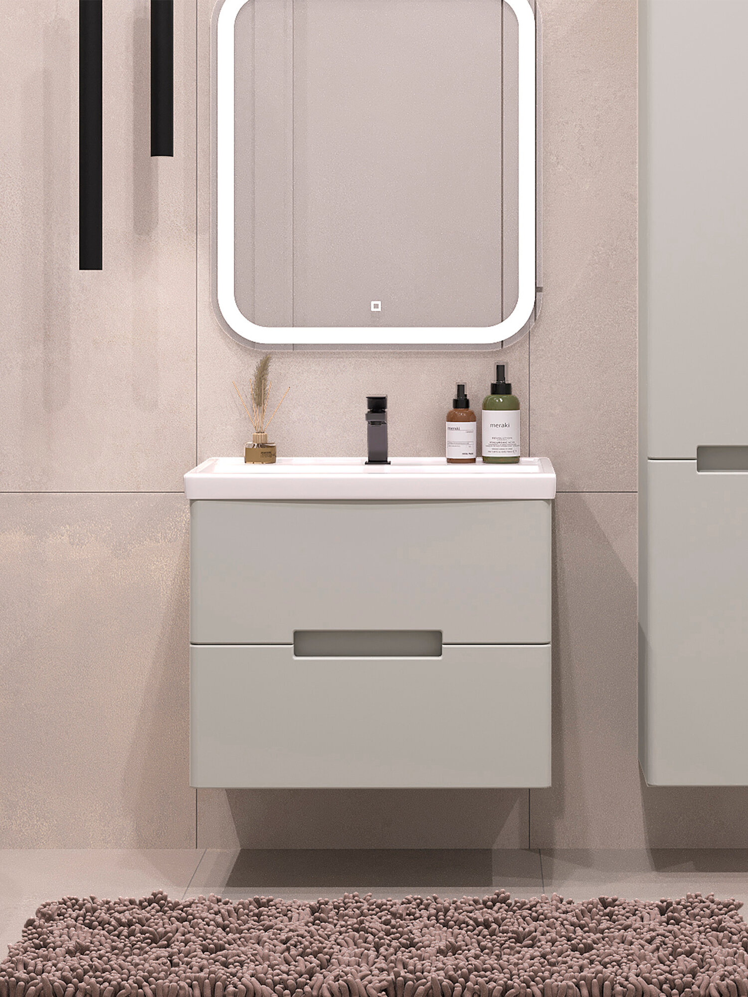 Тумба подвесная SanStar Ориана 50 с раковиной Фостер 50 (комплект) для ванной комнаты, Грей