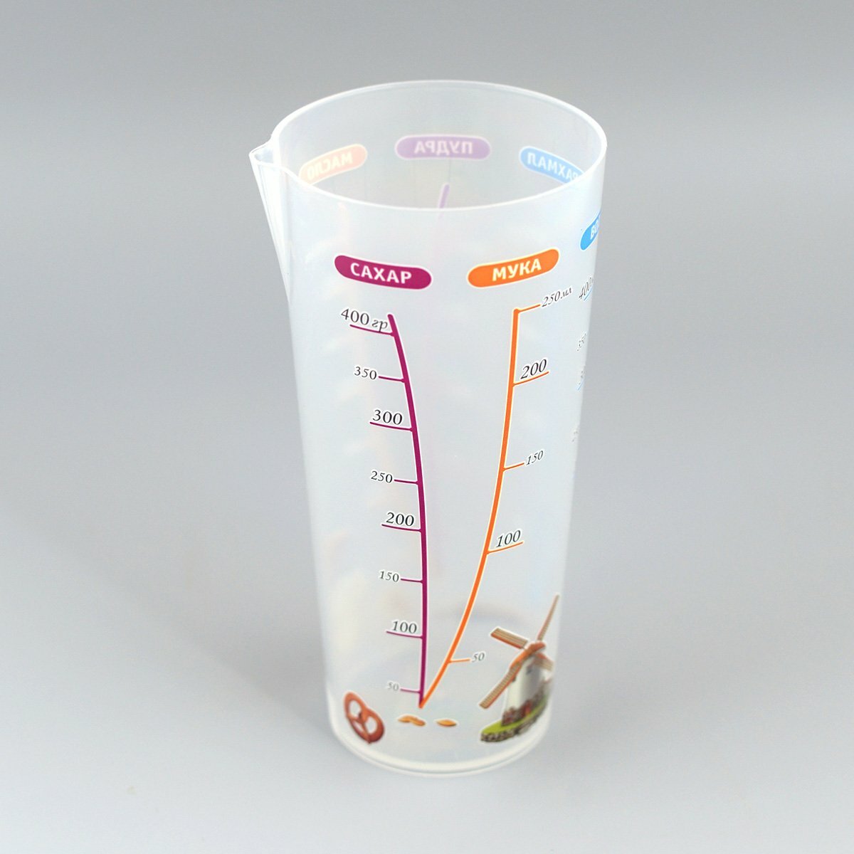 Стакан мерный Мультидом Сахар, Мука, Вода, Крахмал, Пудра, Масло, пластиковый, 0,5 л