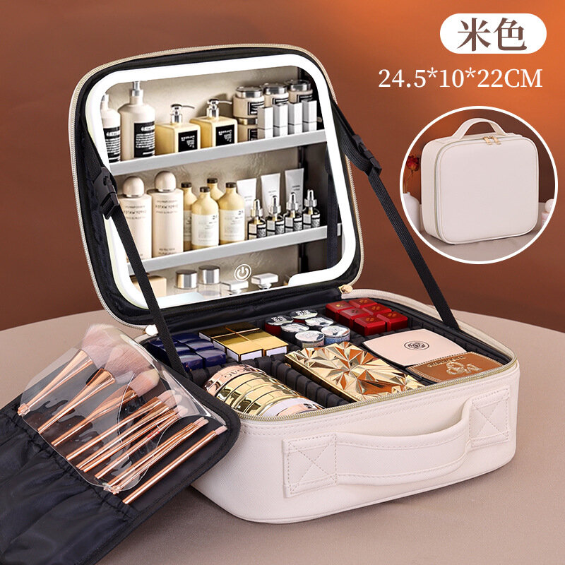 Трансграничная сумка для макияжа Amazon с LED-подсветкой и большим зеркалом, специальная сумка для хранения кистей визажиста, портативный кейс для макияжа.