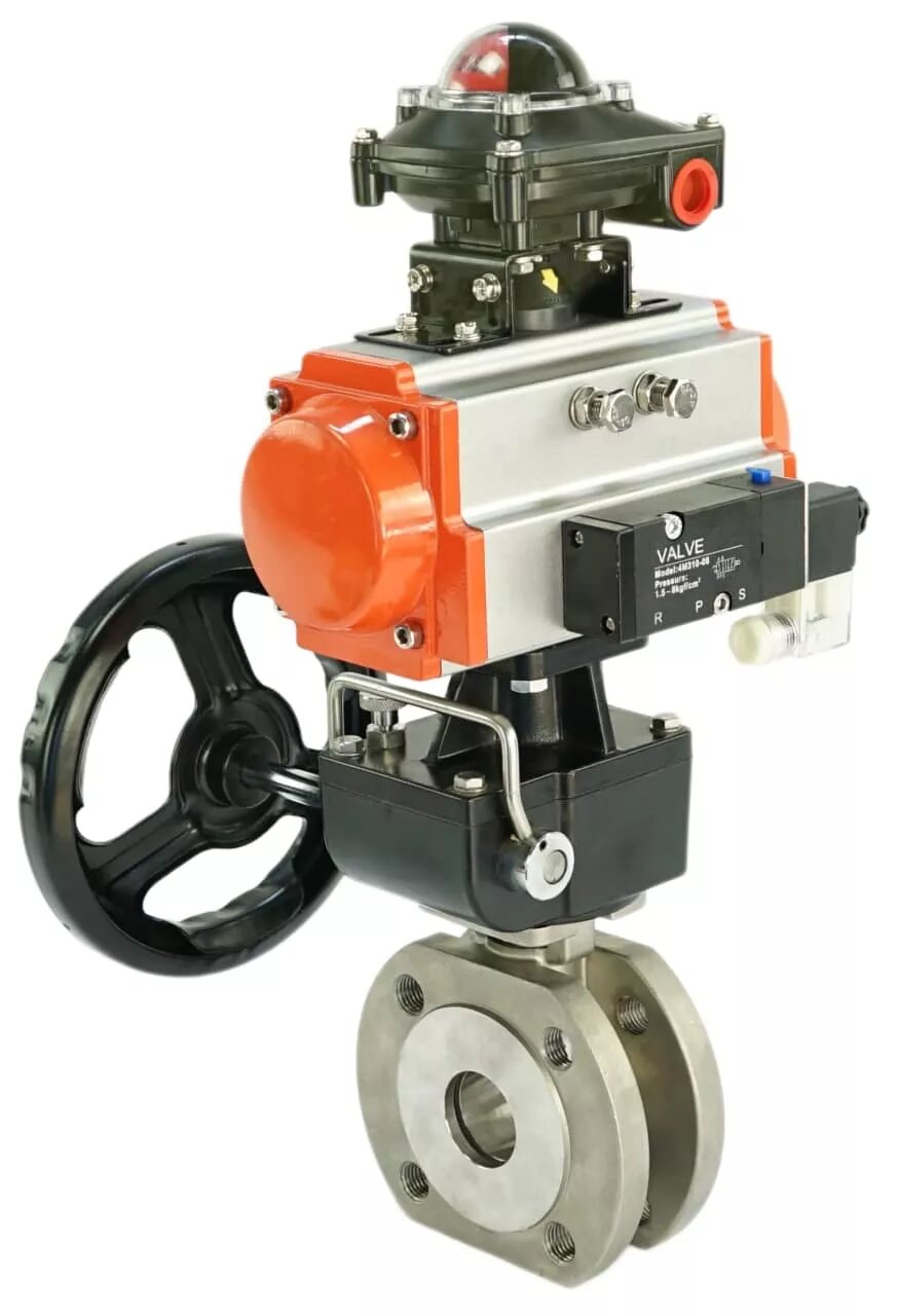 Кран шаровой DN.ru КШмФП.316.200 Ду40 Ру16 полнопроходной двухходовой, нержавеющая сталь 316, межфланцевый, уплотнение PTFE, с пневмоприводом DN. ru DA-083, ручным дублером HDM-2, пневмораспределителем PND2-S1EM-52-1NC-J08-24VDC и БКВ LSB-210-02NM12-220/24